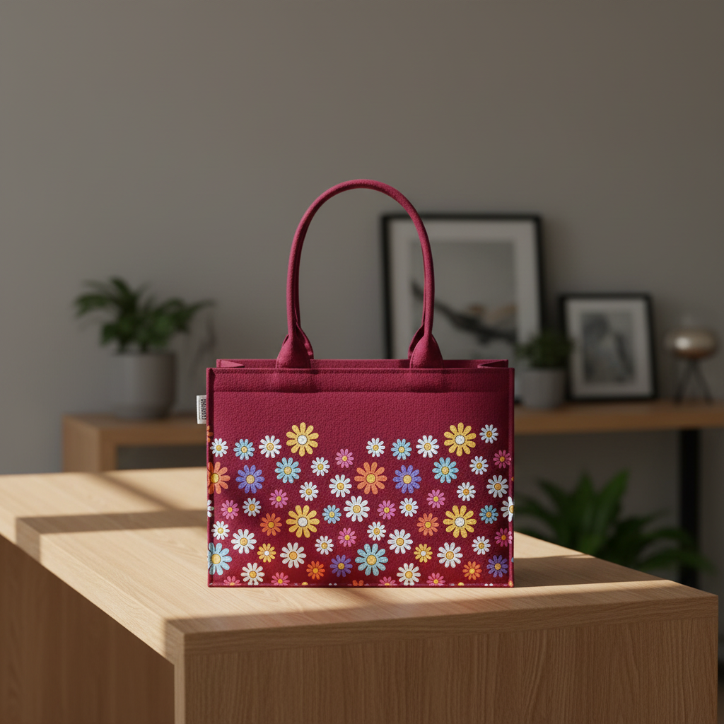 Maroon Canvas Tote – Multicolor Flower Fusion – SHEIKHOZ